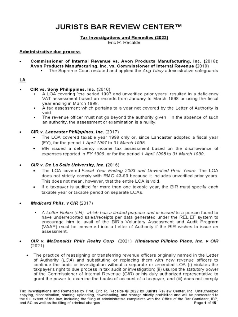 Tax Investigations and Remedies by Prof. Eric R. Recalde | PDF | Value ...