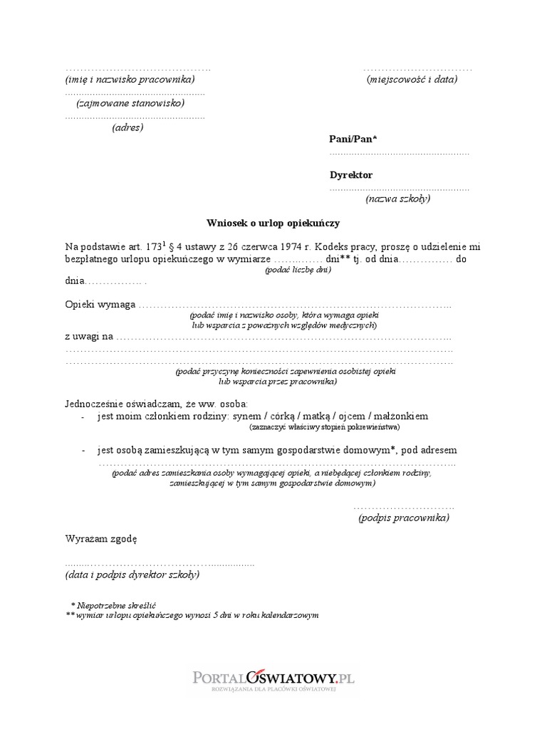 Wniosek o Urlop Opiekunczy Pracownika Szkoly | PDF