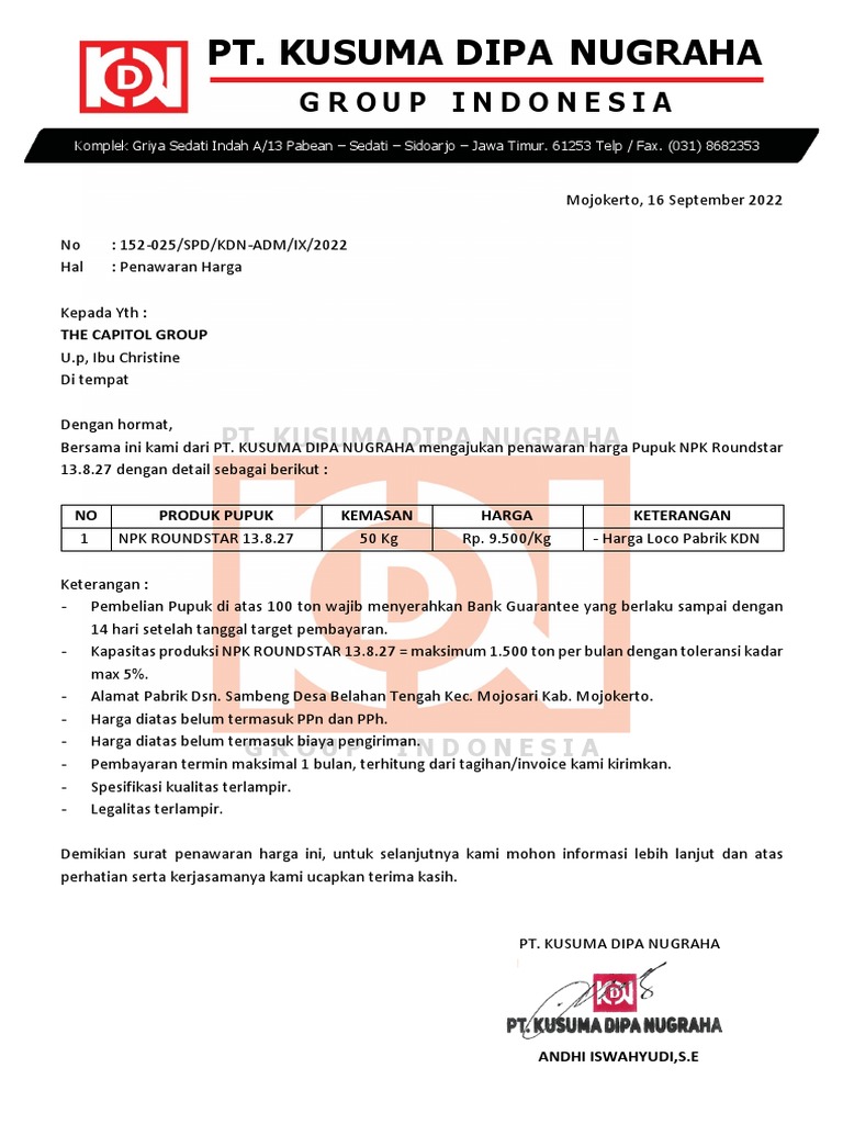 Surat Penawaran NPK Roundstar - PT Kusuma Dipa Nugraha | PDF