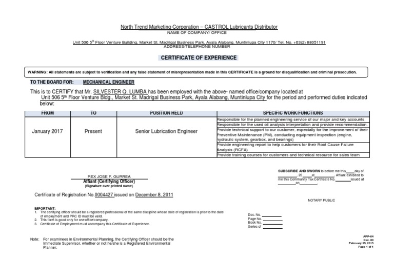 4certificateofexperience_NTMC-CASTROL | PDF | Business