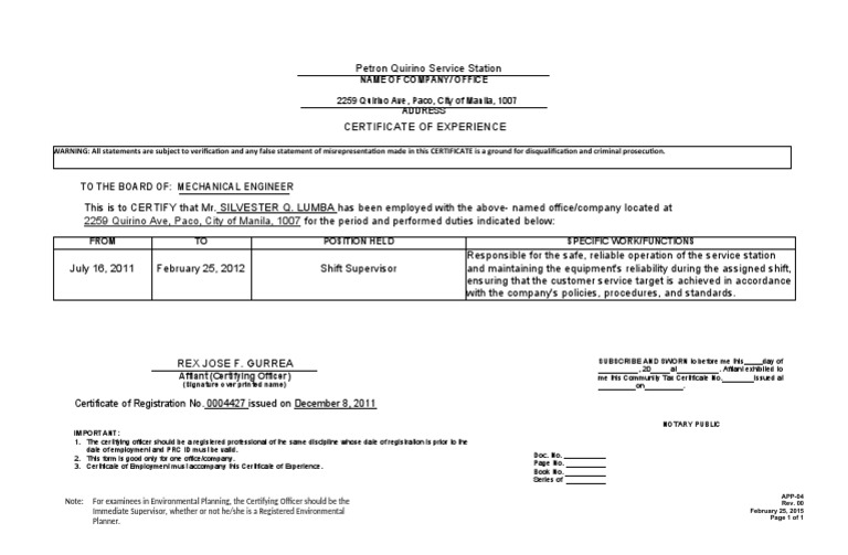 4certificateofexperience_PETRON | PDF