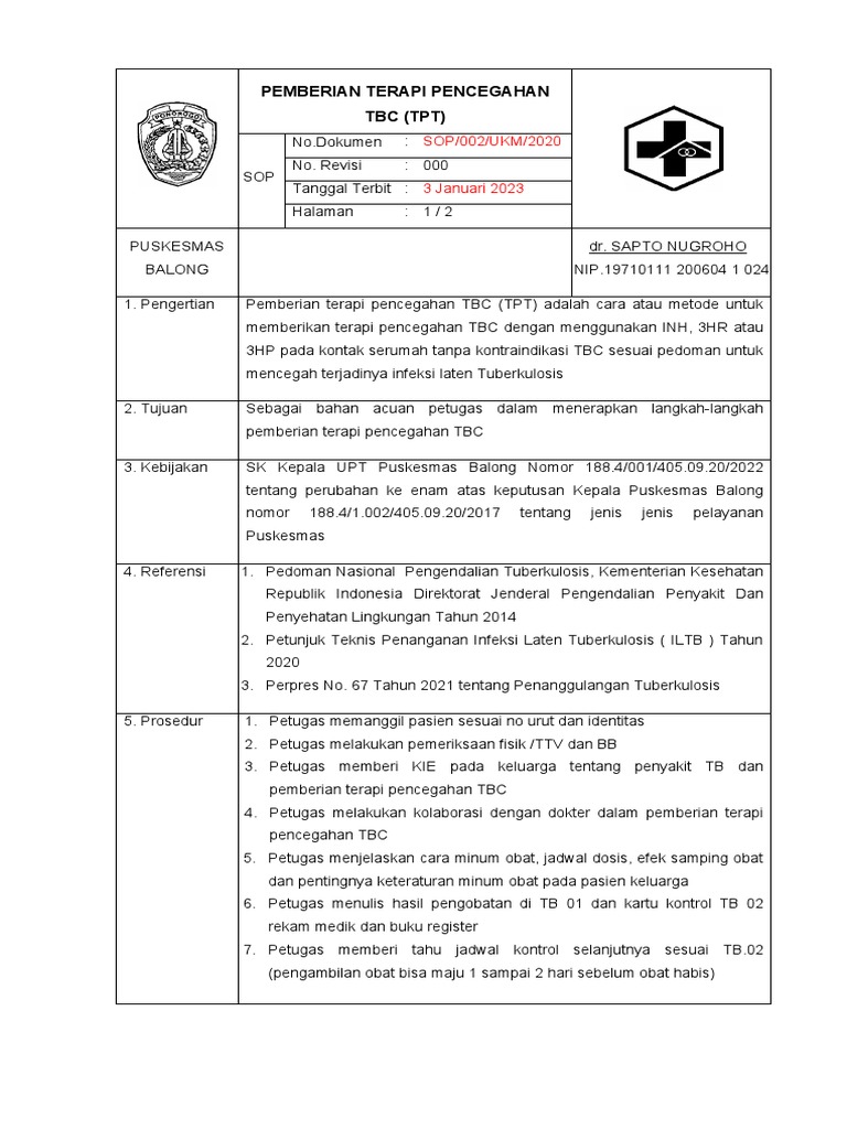 Pemberian Terapi Pencegahan TBC (TPT) : SOP/002/UKM/2020 3 Januari 2023 | PDF | Pengembangan Diri