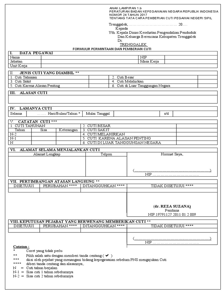 Formulir Cuti Pns Sesuai Perka BKN Nomor 24 Tahun 2017 sETdc | PDF