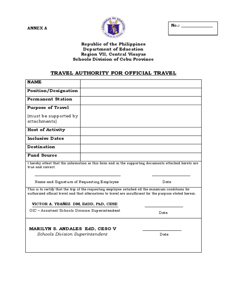 Authority To Travel Annex A | PDF