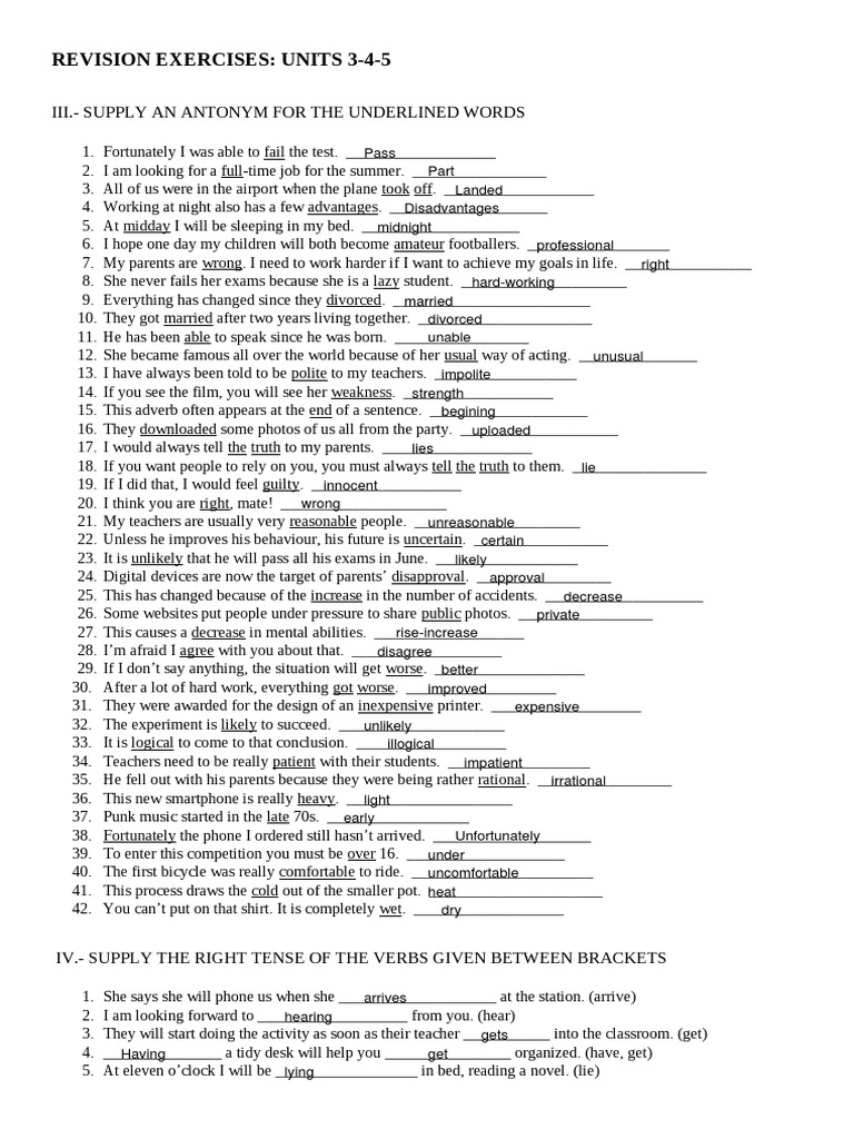 REVISION EXERCISES - UNITS 3-4-5 - (Exercises III, IV & V) (CR) | PDF