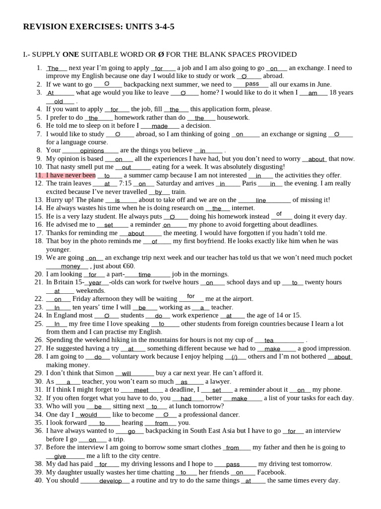 REVISION EXERCISES - UNITS 3-4-5 (Exercises I & II) (CR) | PDF