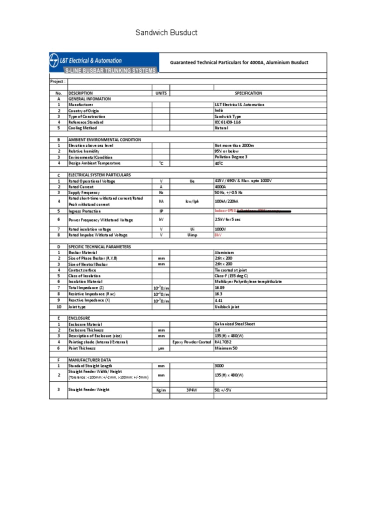 4000A Aluminium Bus Duct Specifications | PDF | Insulator (Electricity ...