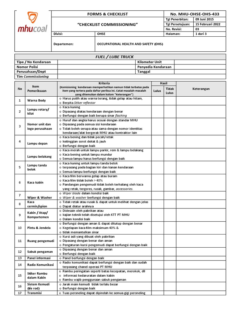 Fuel / Lube Truck: Forms & Checklist No. MHU-OHSE-OHS-433 "Checklist ...
