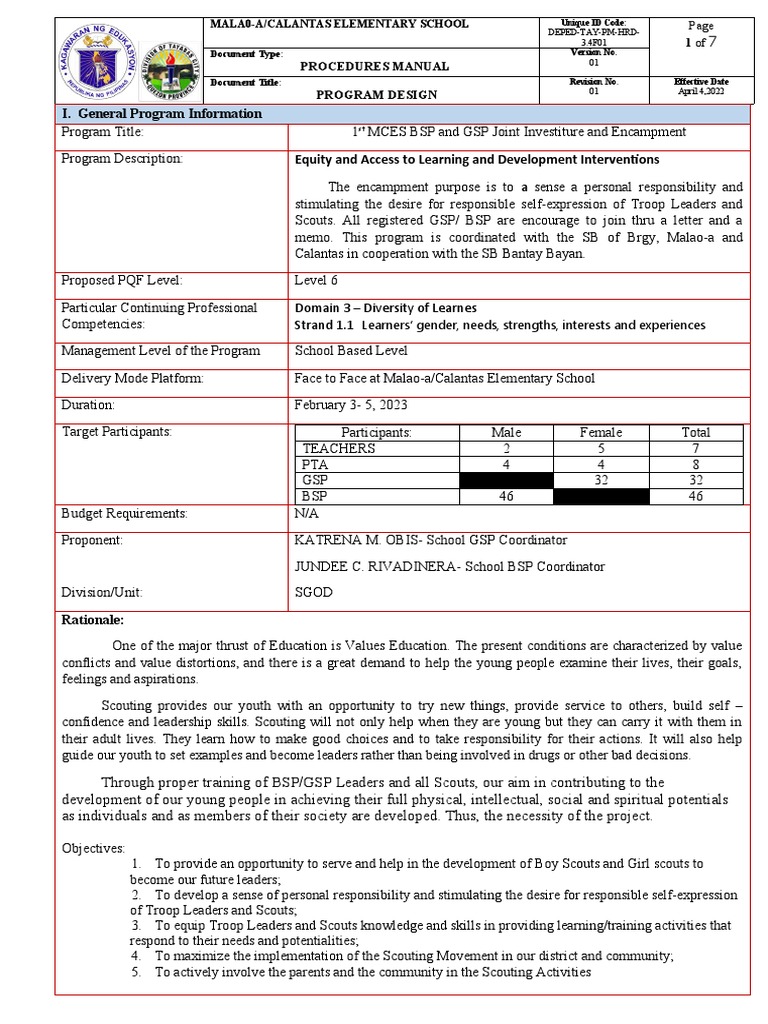 1st MCES BSP & GSP Encampment Guide | PDF | Scouting | Learning