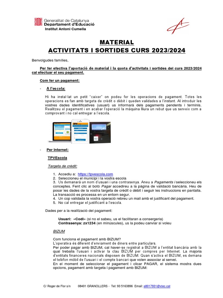 Carta de Pagament Material. Activitats I Sortides Curs 23-24 (ESO) | PDF
