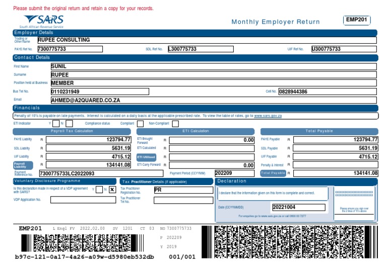 Emp201 - September 2022 | Download Free PDF | Payroll Tax | Taxes