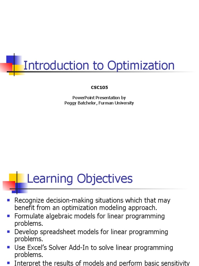Introduction To Optimization: Powerpoint Presentation by Peggy ...