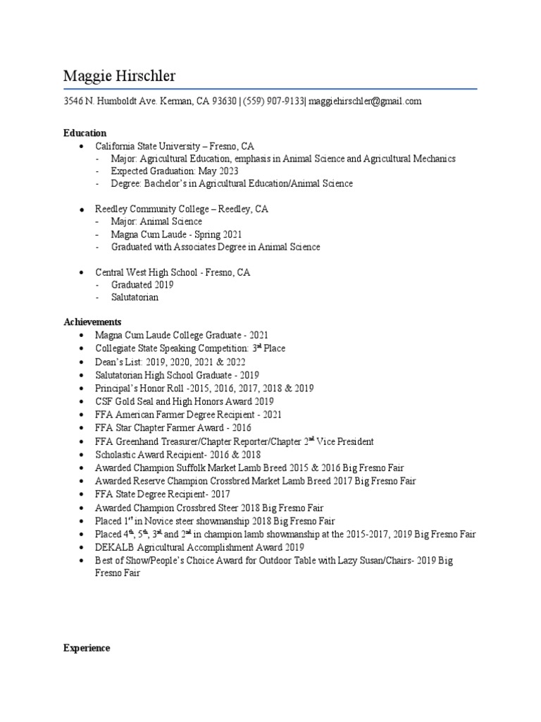 Maggie Hirschler Fresno State Resume | PDF | Cattle | Sheep