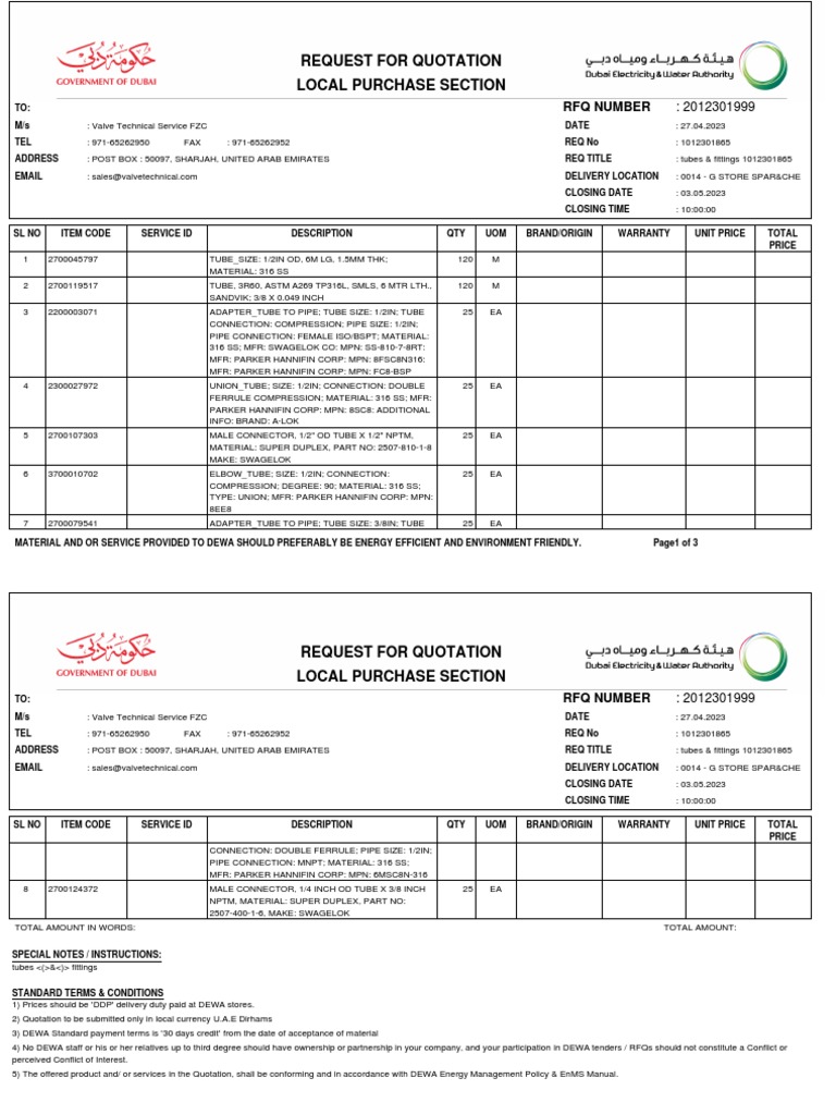 Request For Quotation Local Purchase Section: RFQ Number | PDF | Pipe ...
