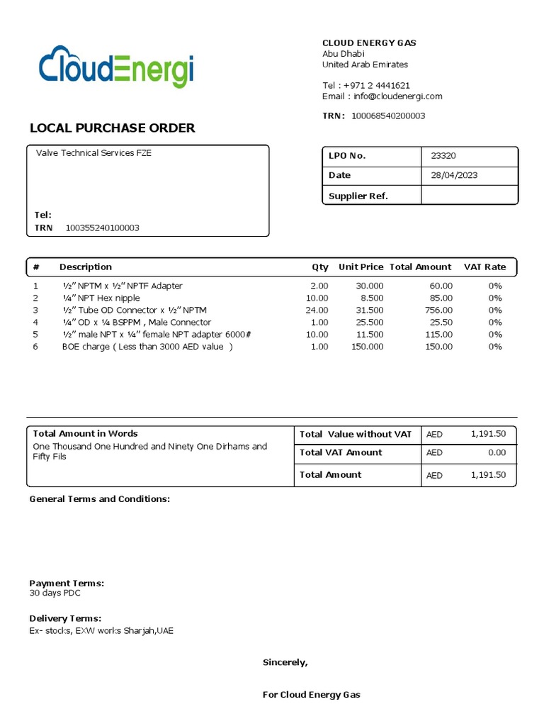 Local Purchase Order Sample UAE | PDF