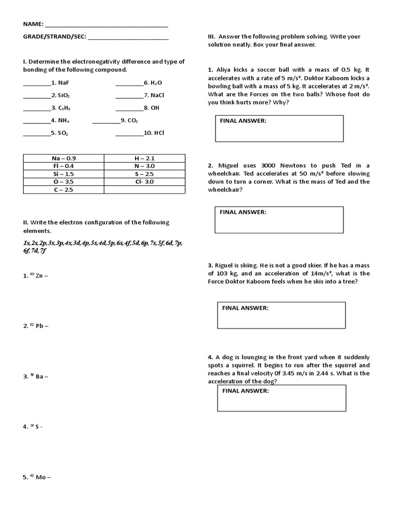 Electronegativity, Configurations & Physics Problems | PDF | Chemistry | Atomic