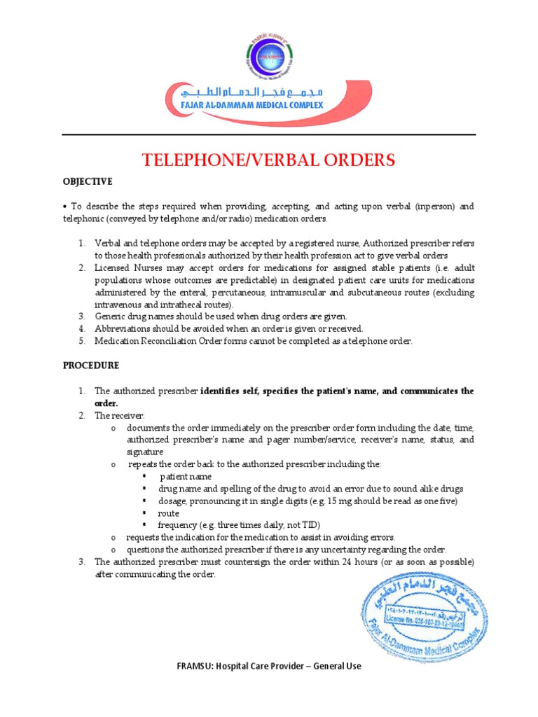 Verbal and Telephone Medication Orders Guide | PDF