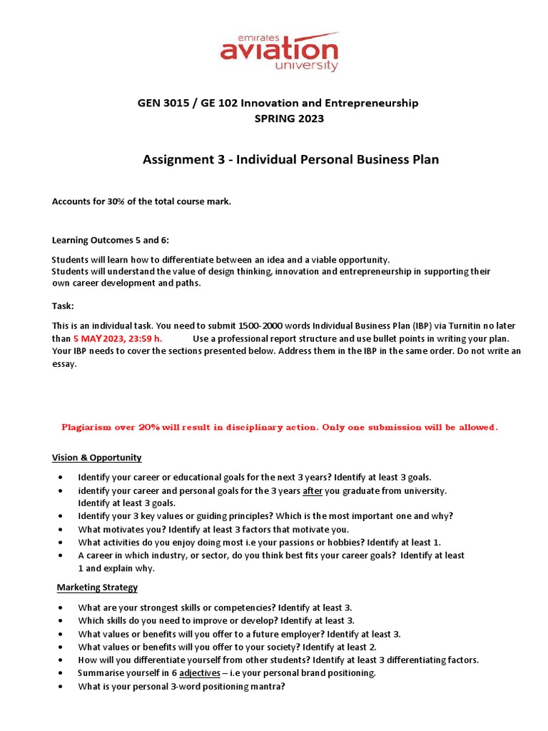 Assignment 3 - Individual Personal Business Plan: GEN 3015 / GE 102 Innovation and ...