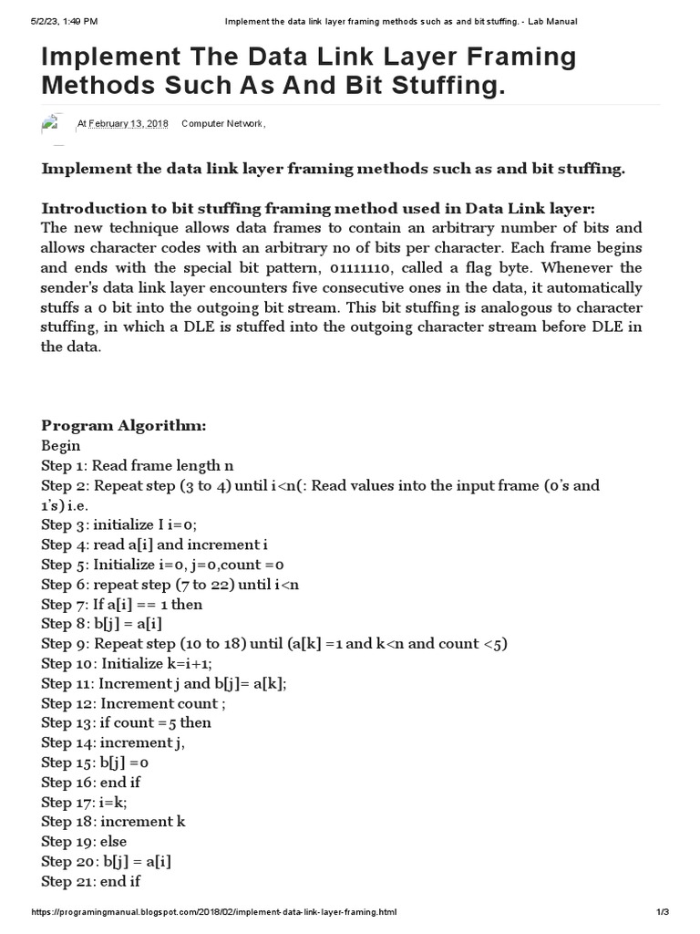 Implement The Data Link Layer Framing Methods Such As and Bit Stuffing | PDF