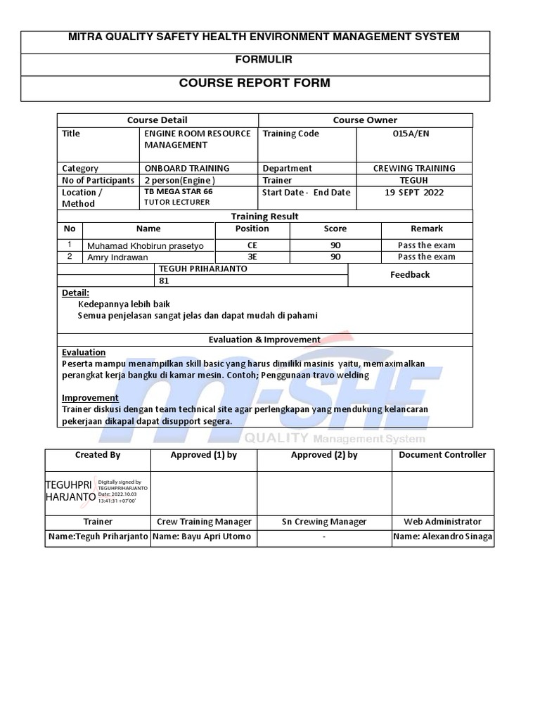Course Report Form: Mitra Quality Safety Health Environment Management ...