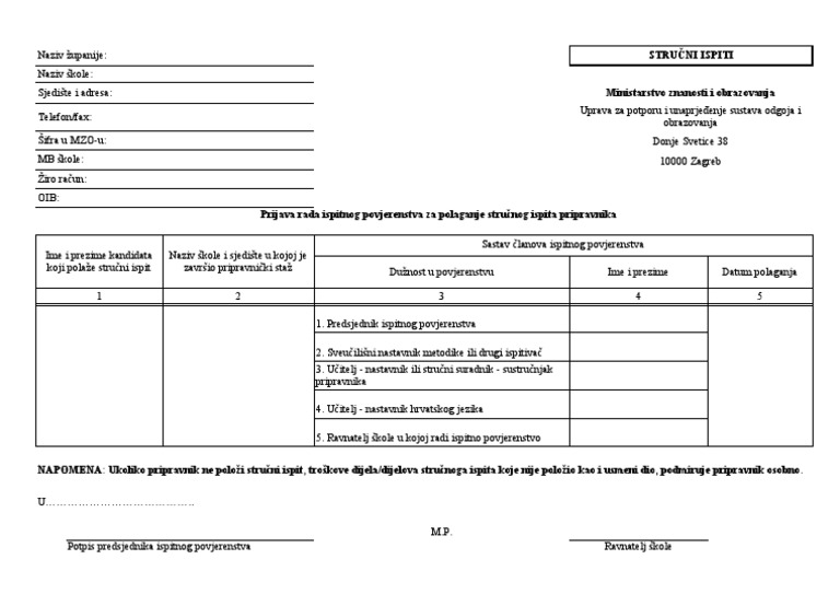 Tablica STRUČNI ISPITI - Prijava Rada Ispitnog Povjerenstva Za Polaganje Stručnog Ispita ...