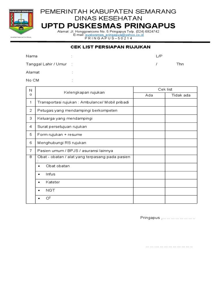 Cek List Persiapan Rujukan Puskesmas Pringapus | PDF