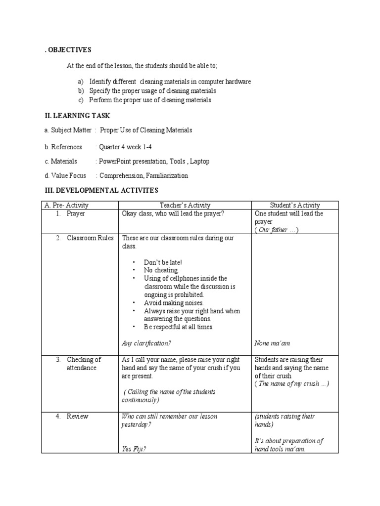 Lesson - Plan (Cleaning Tools) | PDF | Classroom | Manufactured Goods