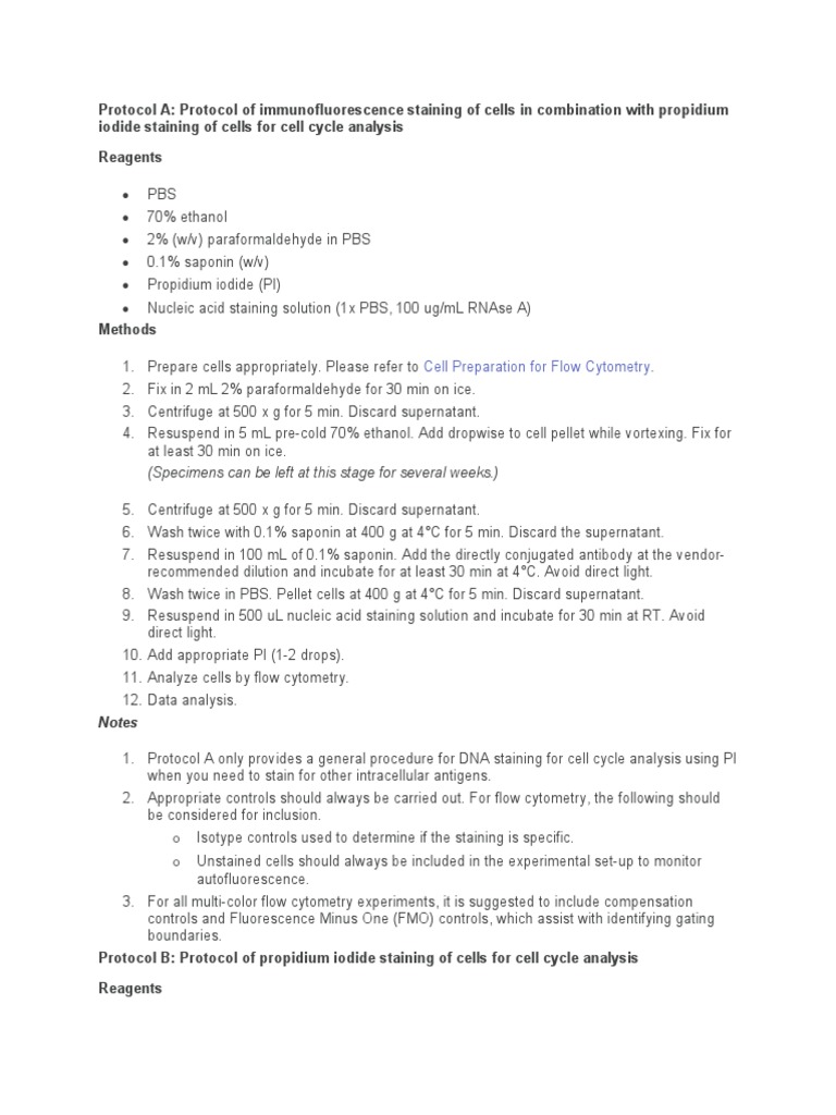 Propidium Iodide Cell Cycle Protocol | PDF | Flow Cytometry | Staining