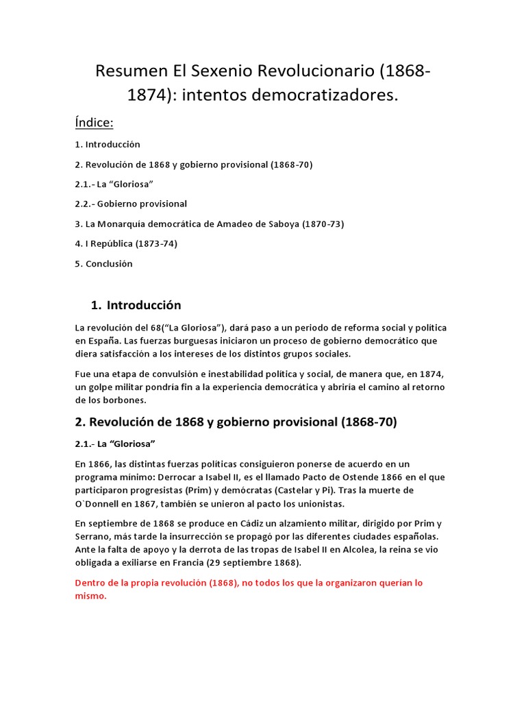 Resumen El Sexenio Revolucionario (1868-1874) : Intentos Democratizadores | PDF | España | Gobierno