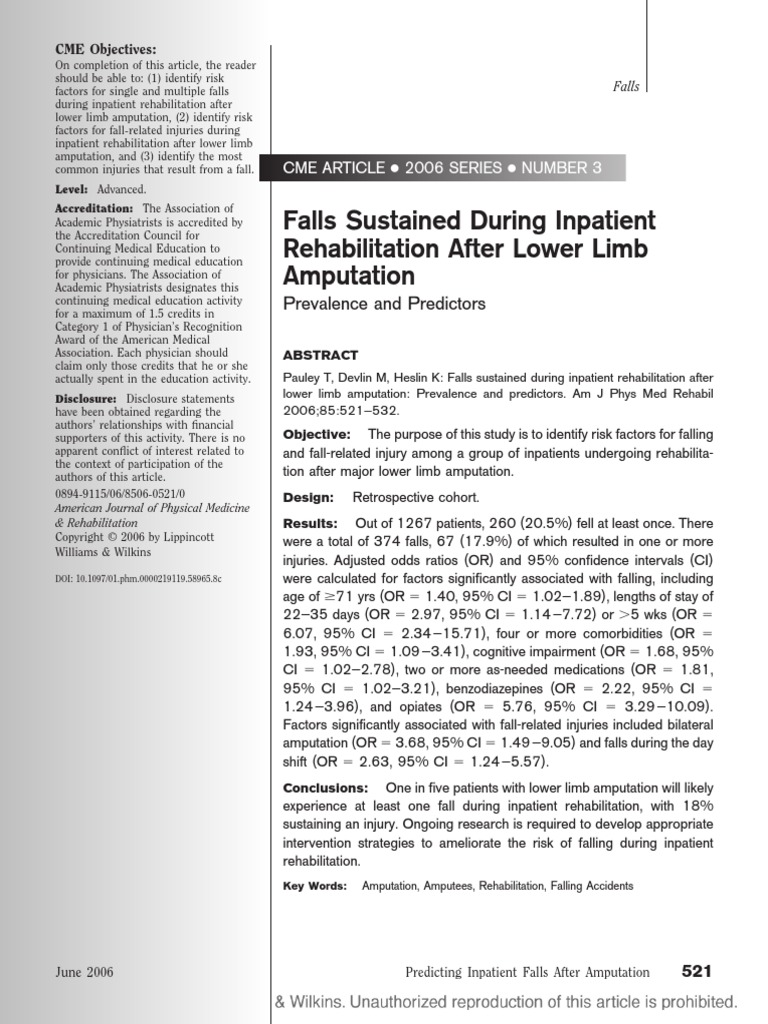 Falls Sustained During Inpatient Rehabilitation After Lower Limb Amputation Prevalence and ...