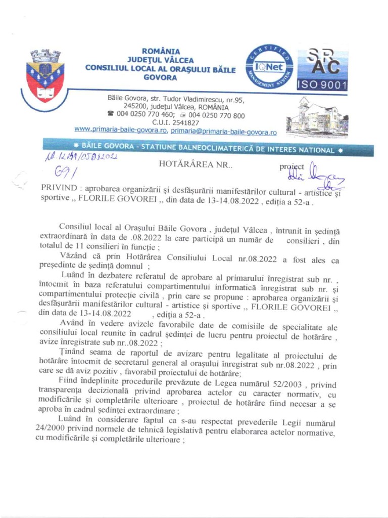 Proiect HCL 69 Aprobarea Organizarii Si Desfasurarii Evenimentului ...