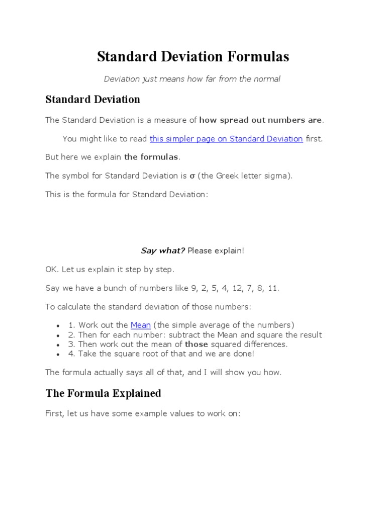 Standard Deviation Formulas | PDF | Standard Deviation | Mean