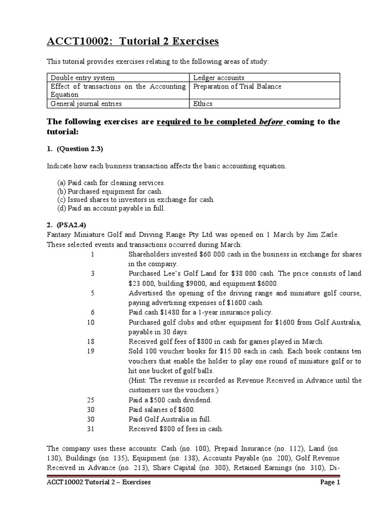 ACCT10002 Tutorial 2 Exercises, 2020 SM1 | PDF | Debits And Credits | Bookkeeping