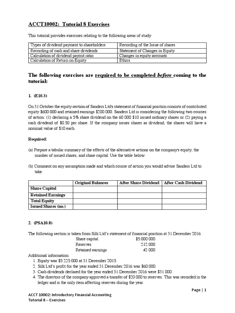 ACCT10002 Tutorial 8 Exercises | PDF | Dividend | Equity (Finance)