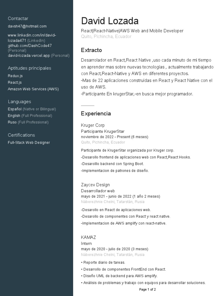 Perfil de David Lozada: Desarrollador React | PDF | Ingeniería Informática | Computación ...