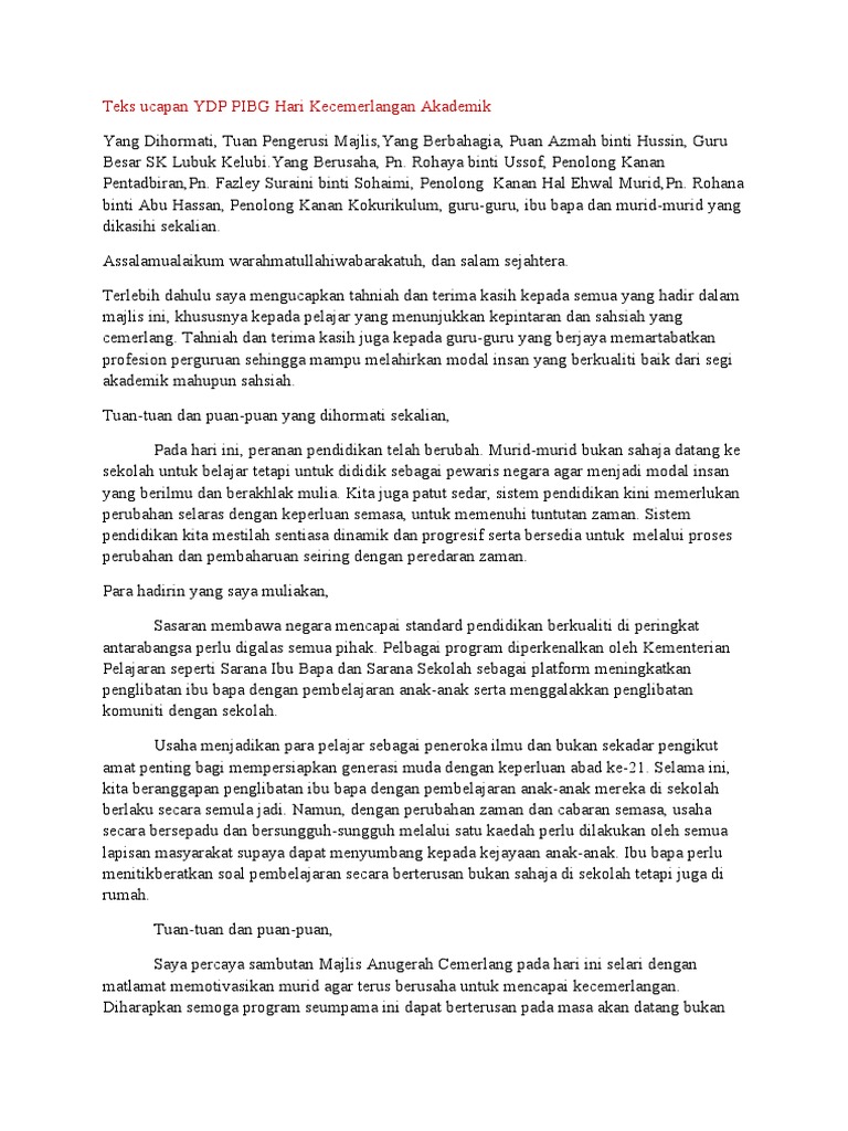 Teks Ucapan YDP PIBG Hari Kecemerlangan Akademik | PDF | Karier & Perkembangan | Pengembangan Diri