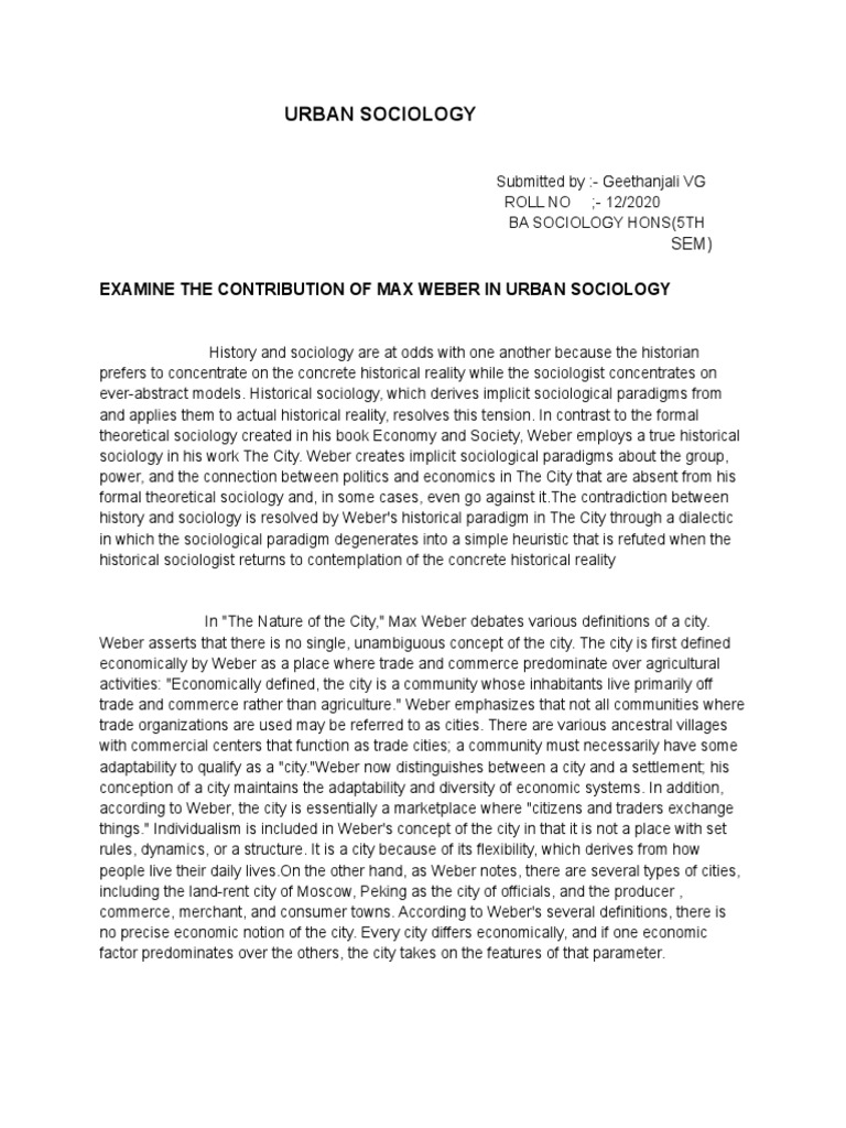 Urban Sociology | PDF | Sociology | Max Weber