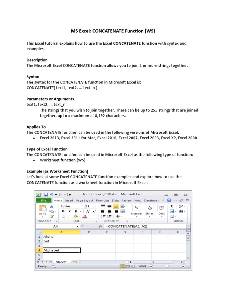 The Concatenate Function Notes Pdf Microsoft Excel String Computer Science