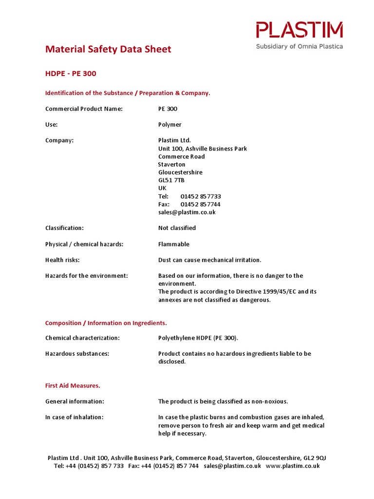 PE 300 HDPE Material Safety Data Sheet | PDF | Carbon Dioxide ...