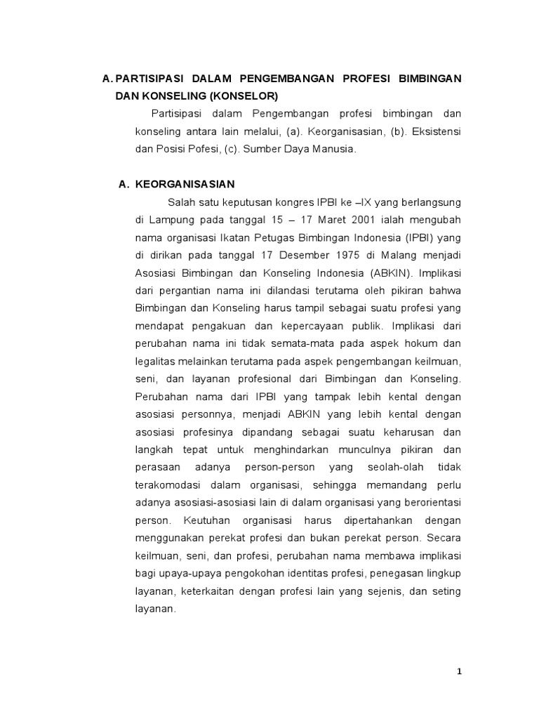 A. Partisipasi Dalam Pengembangan Profesi Bimbingan Dan Konseling (Konselor) | PDF