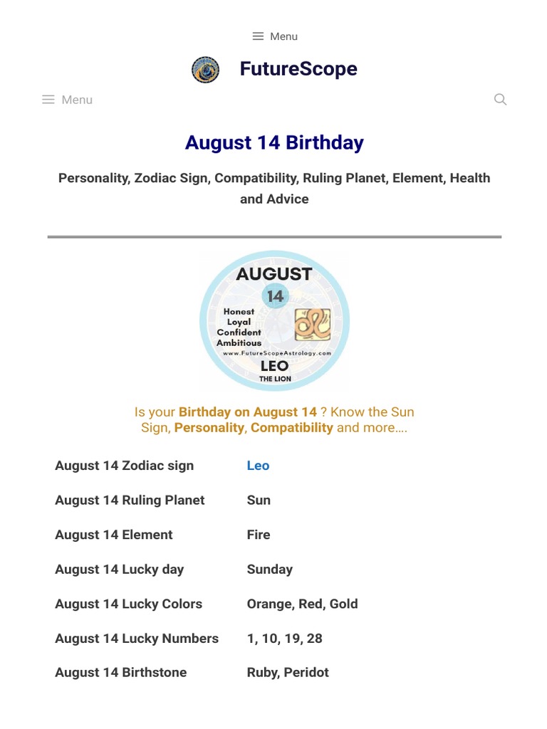 August 14 Birthday - Personality, Zodiac Sign, Compatibility, Ruling ...