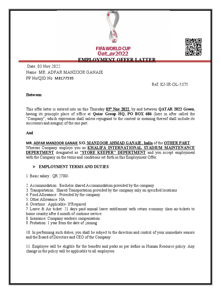 FIFA WORLD CUP OFFER LATTER Mr. ADFAR MANZOOR | PDF | Employment ...
