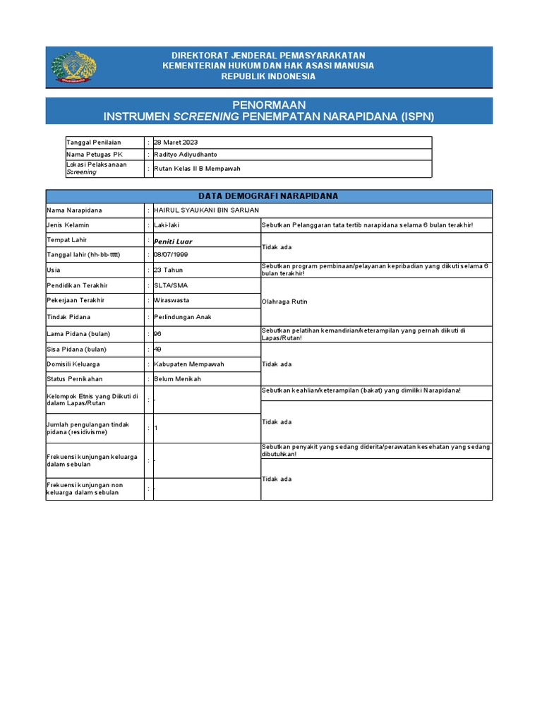 Penormaan Instrumen Screening Penempatan Narapidana (Ispn) | PDF