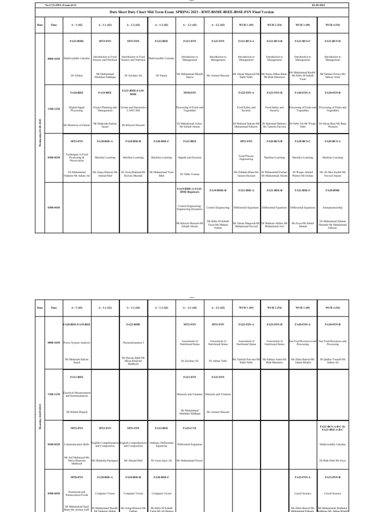 Date Sheet Mid Term Exam SPRING 2023-02-05-2023 | PDF