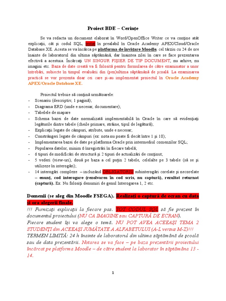 Cerinte Proiect BDE 2023 | PDF