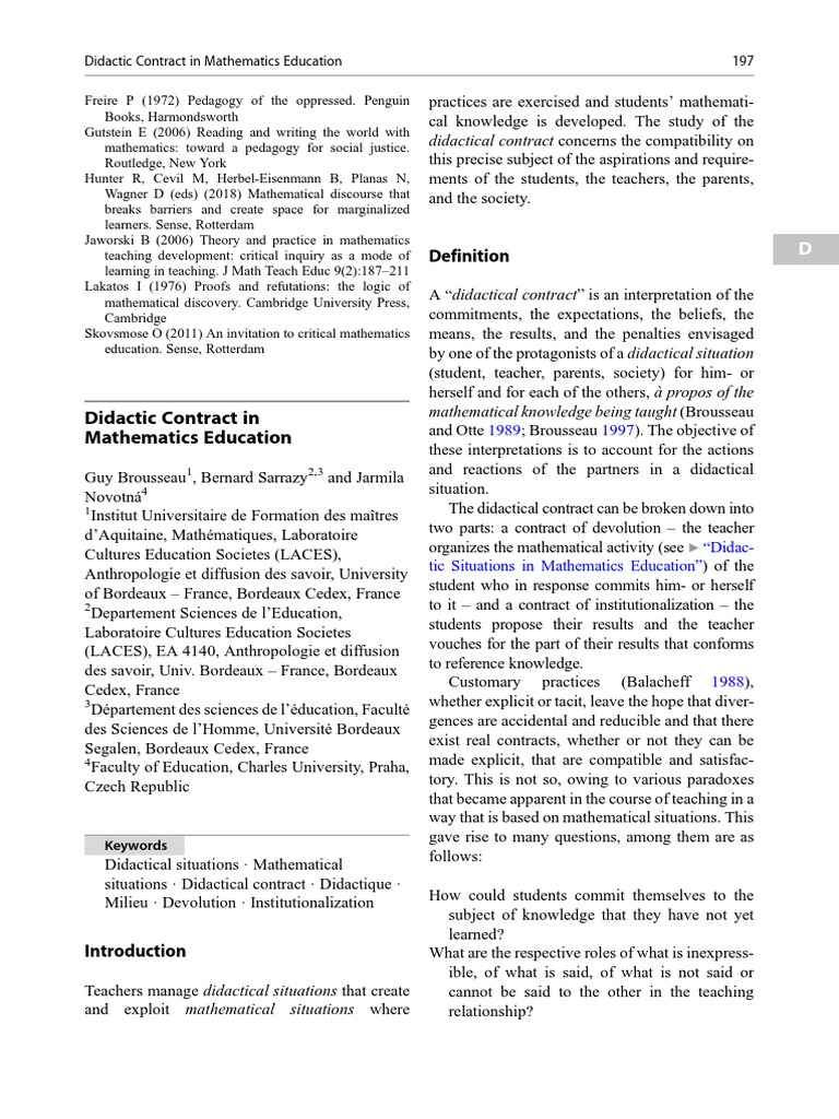 Brousseau - Didactic Contract in Mathematics Education | PDF