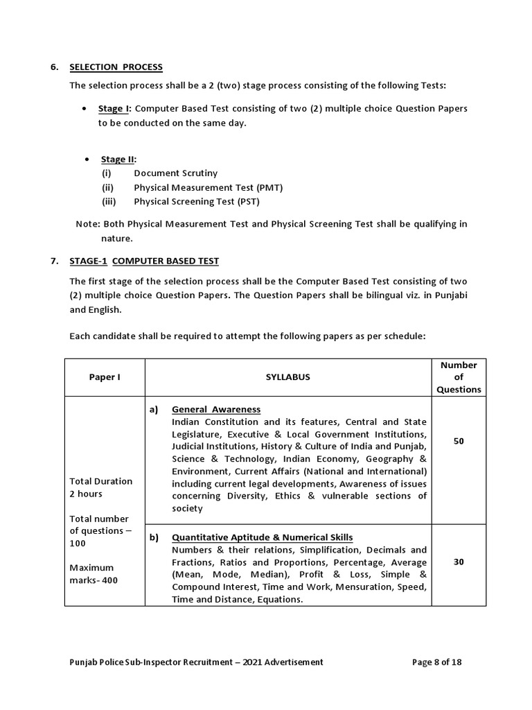 Punjab Police Sub Inspector Syllabus | PDF | Data | Reading Comprehension