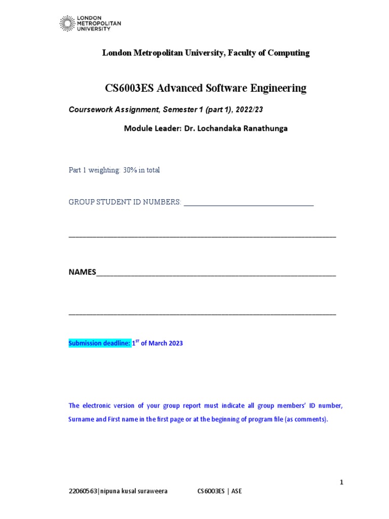 CS6003ES Advanced Software Engineering: London Metropolitan University, Faculty of Computing ...