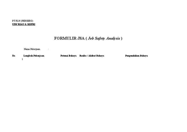 FORMULIR JSA (Job Safety Analysis) : PT PLN (Persero) | PDF