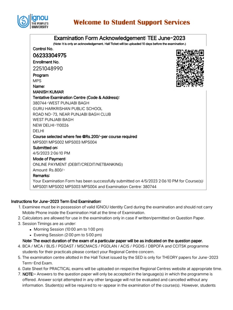 IGNOU - Examination Form Acknowledgement | PDF